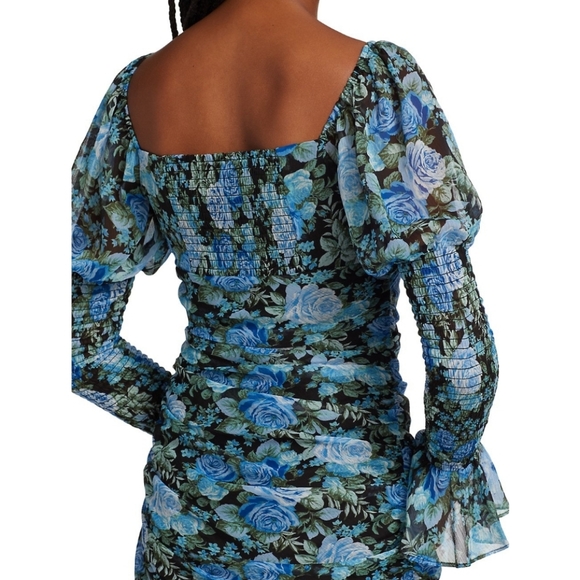 Wayf | Dresses | Nwt Wayf Blue Floral Mini Dress Asymmetrical Long Puff ...